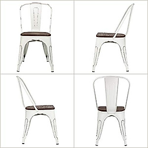 Furniwell Metal Dining Chairs with Wood Seat, Indoor Outdoor Use Stackable Tolix Industrial Metal Chairs Set of 4 for Kitchen, Dining Room, Bistro and Cafe (White)