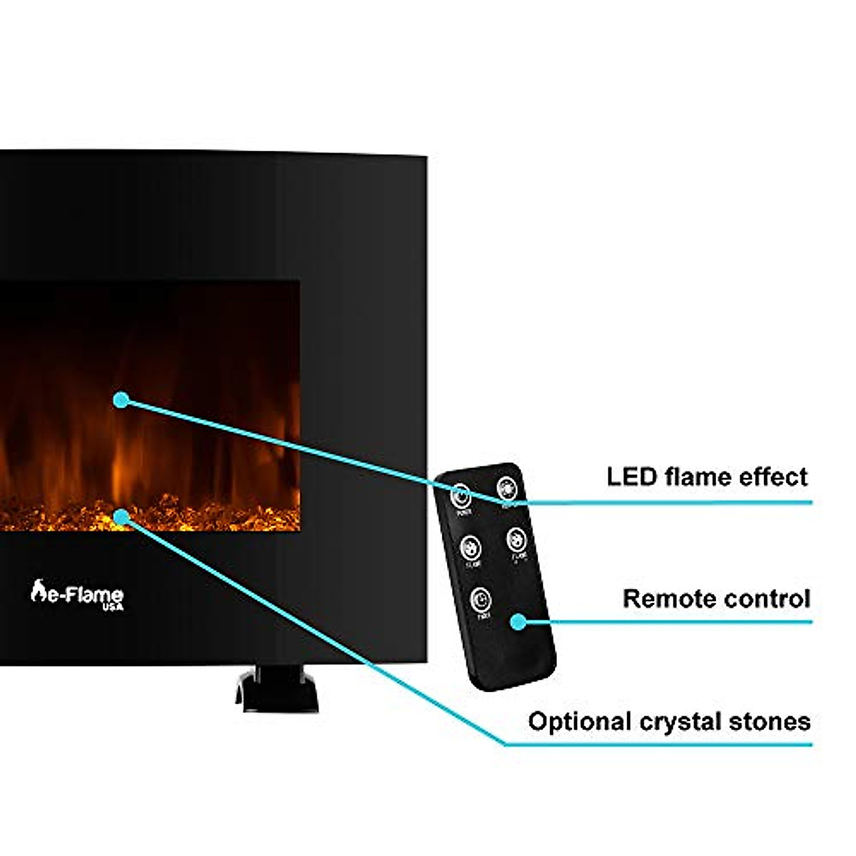 e-Flame USA Sundance Curved Wall Mounted or Freestanding LED Electric Fireplace with Remote - Adjustable, Timer, Remote - 22-inch