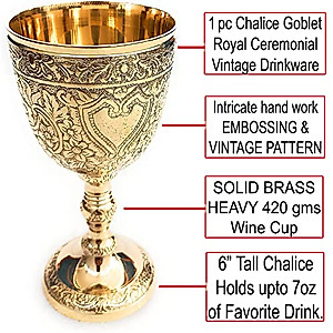 ALADEAN Brass Vintage Chalice Goblet | 1x Royal Wine Cups of King Arthur - Renaissance Medieval Gifts for Communion, Christmas Pack of 1pc (Roman Chalice)