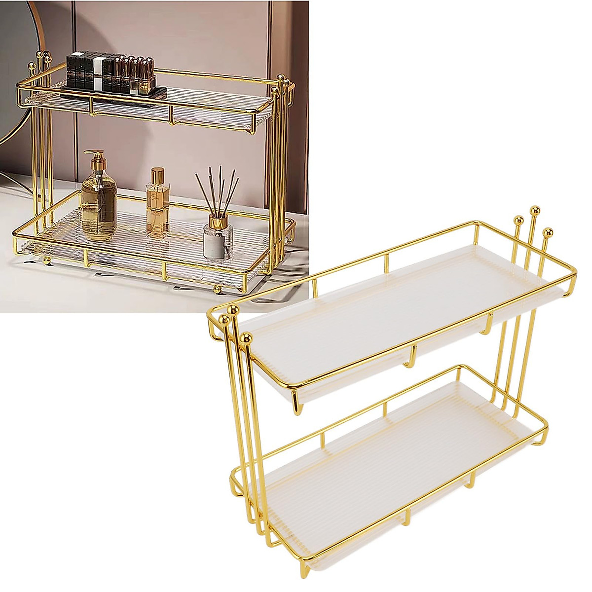 FTVOGUE Makeup Shelf Organizer, 2 Tier Bathroom Countertop Organizer with Vanity Tray Bathroom Trays forCounter, Storage for Cosmetics, Skincare, Perfume (S)