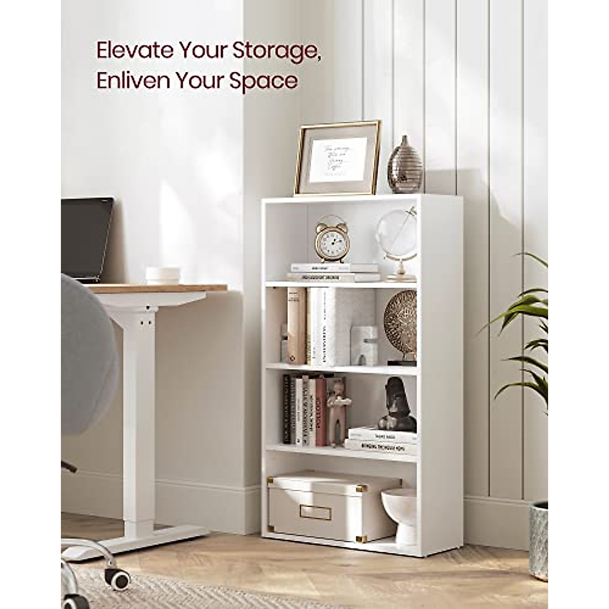 VASAGLE Bookshelf, 4-Tier Open Bookcase with Adjustable Storage Shelves, Floor Standing Unit, White ULBC164T14
