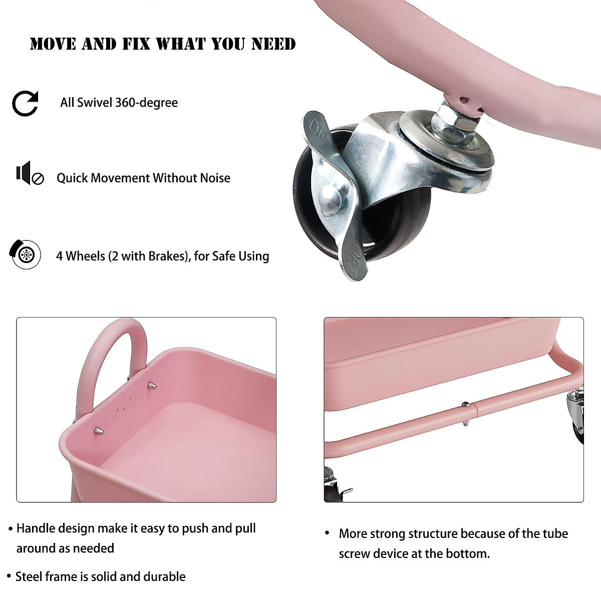 MIOCASA 3-Tier Metal Utility Rolling Cart, Heavy Duty Multifunction Cart with Lockable Casters, Easy to Assemble, Suitable for Office, Bathroom, Kitchen, Garden (Pink) (Metal&Plastic&Pink)