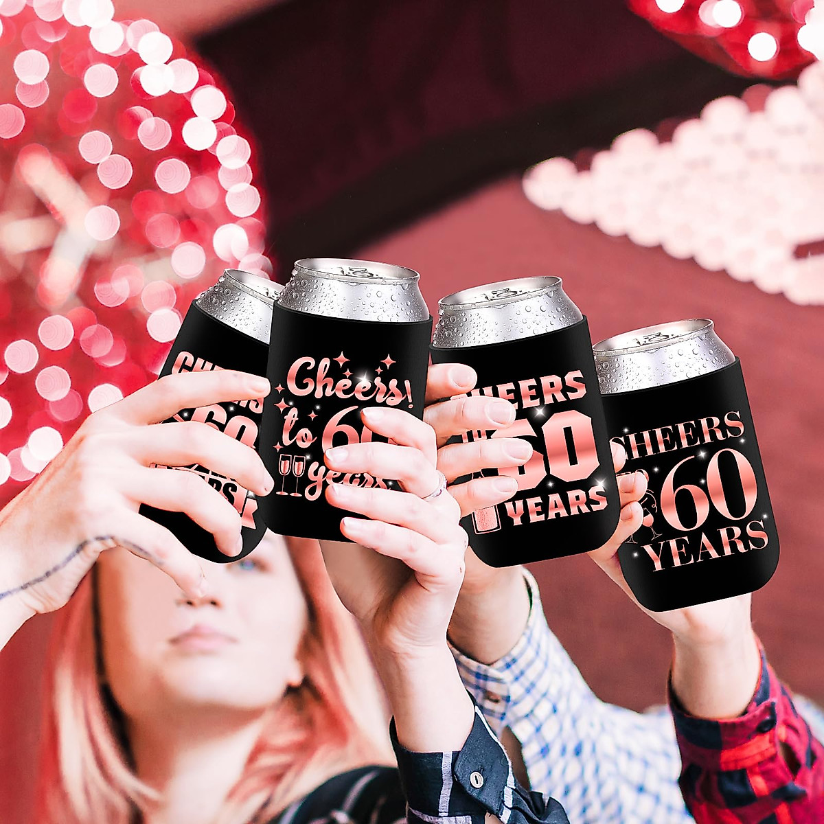 12Pcs Can Cooler Sleeves - Rose Gold 60th Birthday Decorations for Women - Beverage Can Cooler Sleeves for Cheers to 60 Years Old Party Supplies Gift