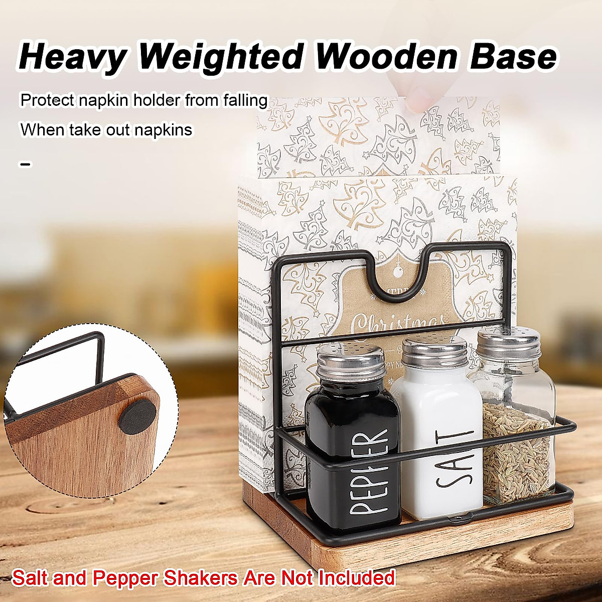 Livabber Napkin Holder, Metal Napkin Holder with Salt and Pepper Shakers Caddy Modern Napkin Dispenser for Table Kitchen Countertop, Not Including Salt and Pepper Shakers (Middle Wooden, Black)