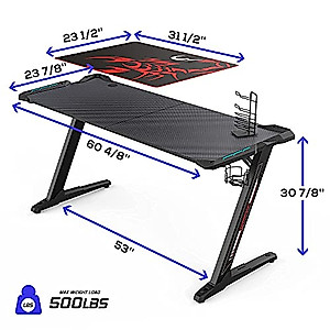 It's_Organized Gaming Desk 60 inch,Racing Style Gaming Computer Desk with RGB LED Lights,Z Shaped Professional Gamer Workstation with Mouse Pad,Handle Rack,Cup Holder,Headphone Hook,Black