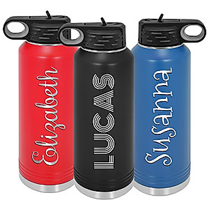 Personalized Water Bottles 32oz with Flip-Top Lid and Straw, Customized Vacuum Insulated Flask, Stainless Steel Sports Double Wall Thermos, Your Logo Name and Text Engraved in USA (Black, 32 oz.)