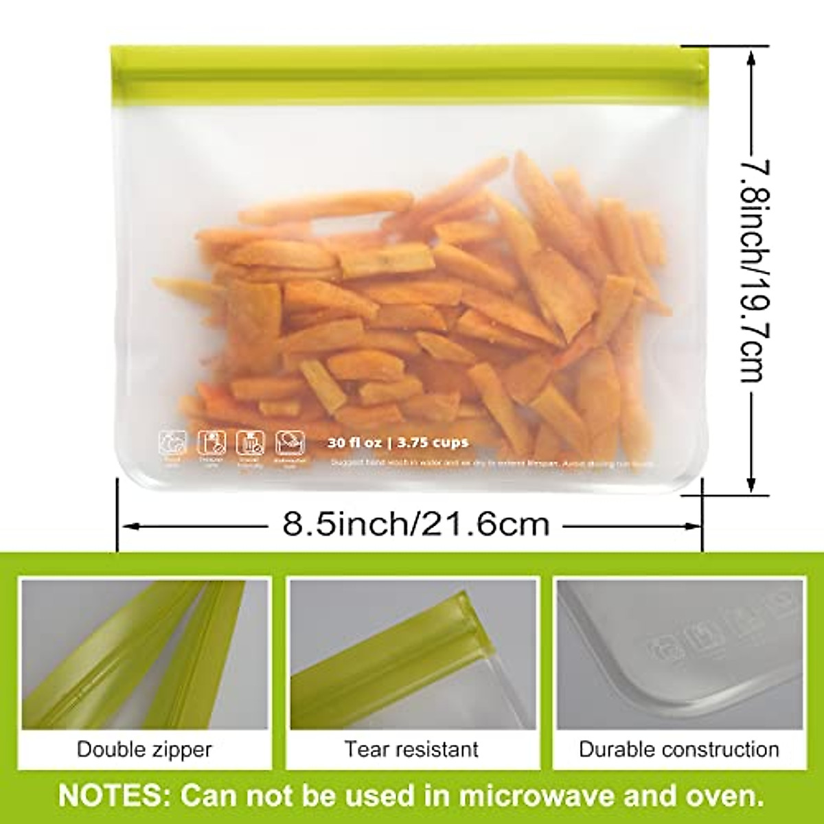 roonoo 10 Pack Reusable Sandwich Bags, Reusable Storage Bags, BPA Free Quart Freezer Bags Dishwasher Safe Leakproof Lunch Bags for Meat Fruit Veggies Home Organization