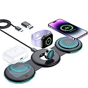 Wireless Charging Station, 3 in 1 Foldable Fast Wireless Charger Pad [Compatible with Magsafe Charger] for iPhone 14/Pro/Max/Plus/13/12 Series, AirPods 3/2/Pro, Apple Watch/iWatch - Black