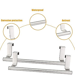 Coufce 23cm / 9 Inch Stainless Steel Kitchen Cabinet Towel Holder, Over Door Towel Rack Bar Holder, Towel Rack with Hooks for Bathroom, Over Cabinet Cupboard Doors(2Pcs)