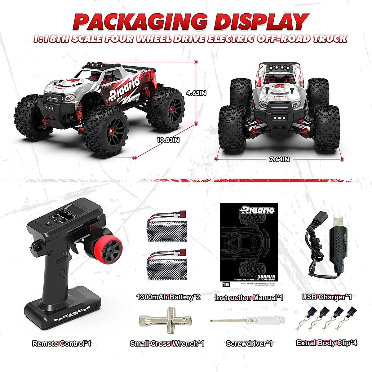 RIAARIO 1:18 All Terrain RC Car, 36 KPH High Speed Remote Control Car with 2.4 GHz Remote Control, 4WD Electric Vehicle Off-Road Truck, 4X4 Waterproof RC Trucks with 2 Rechargeable Batteries