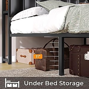 FORABAMB Full Size Bed Frame, Storage Headboard with Charging Station and LED Lights, Upholstered Platform Bed Frame with Book Case, Noise Free, No Box Spring Needed, Easy Assembly