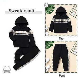 FoWear Toddler Boy Clothes Kid Fall Outfit Plaid Patchwork Hooded Long Sleeve Sweatshirt Pants Outfits Sets 5-6 Years