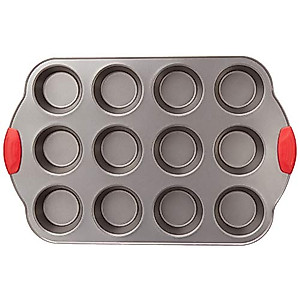 Amazon Basics Non-Stick 12-Cup Muffin Pan, Gray with Red Grips