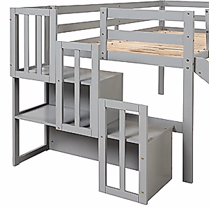 HomSof Twin Loft Bed with Slide Staircase Storage,Full-Length Safety Guardrails for Junior Boys Girls,No Box Spring Needed,Grey
