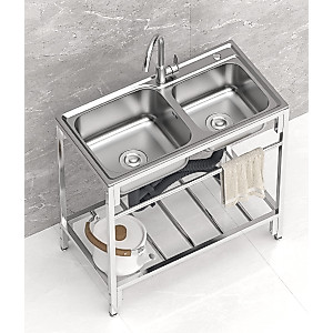 Stainless Steel Utility Sink Double Bowl, Freestanding Commercial Restaurant Sink Anti-overflow with Faucet & Shelves for Garden, Kitchen, Laundry Room, Garage, Outdoor, 31.5"×17"×29.5"