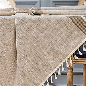 Mebakuk Rectangle Table Cloth Linen Farmhouse Tassel Tablecloth Wrinkle Free and Dust-Proof Decorative Embroidered Fabric Table Cover for Kitchen (Oblong 55" x 70" (4-6 Seats), Coffee Stripe)