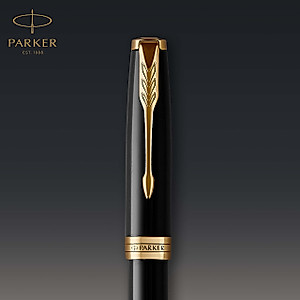 PARKER Sonnet Fountain Pen, Black Lacquer with Gold Trim, Medium Nib (1931495)
