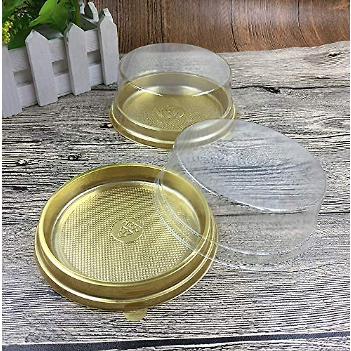 Cake Box - 50 sets Diameter 3 3/4 inch X H 1 1/4 inch Clear Plastic Mini Cake Box - Feast Cupcake Box - Muffin Box Biscuit Box Flat Top Box Bakery Cake Shop Sale Use (gold)
