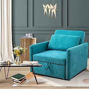 Mlxgoie Convertible Sofa Bed Chair, 3-in-1 Multi-Functional Sleeper Single Futon Chair Bed with Modern Linen Fabric & Tufted Pillow for Compact Living Room, Apartment, Dorm - Blue