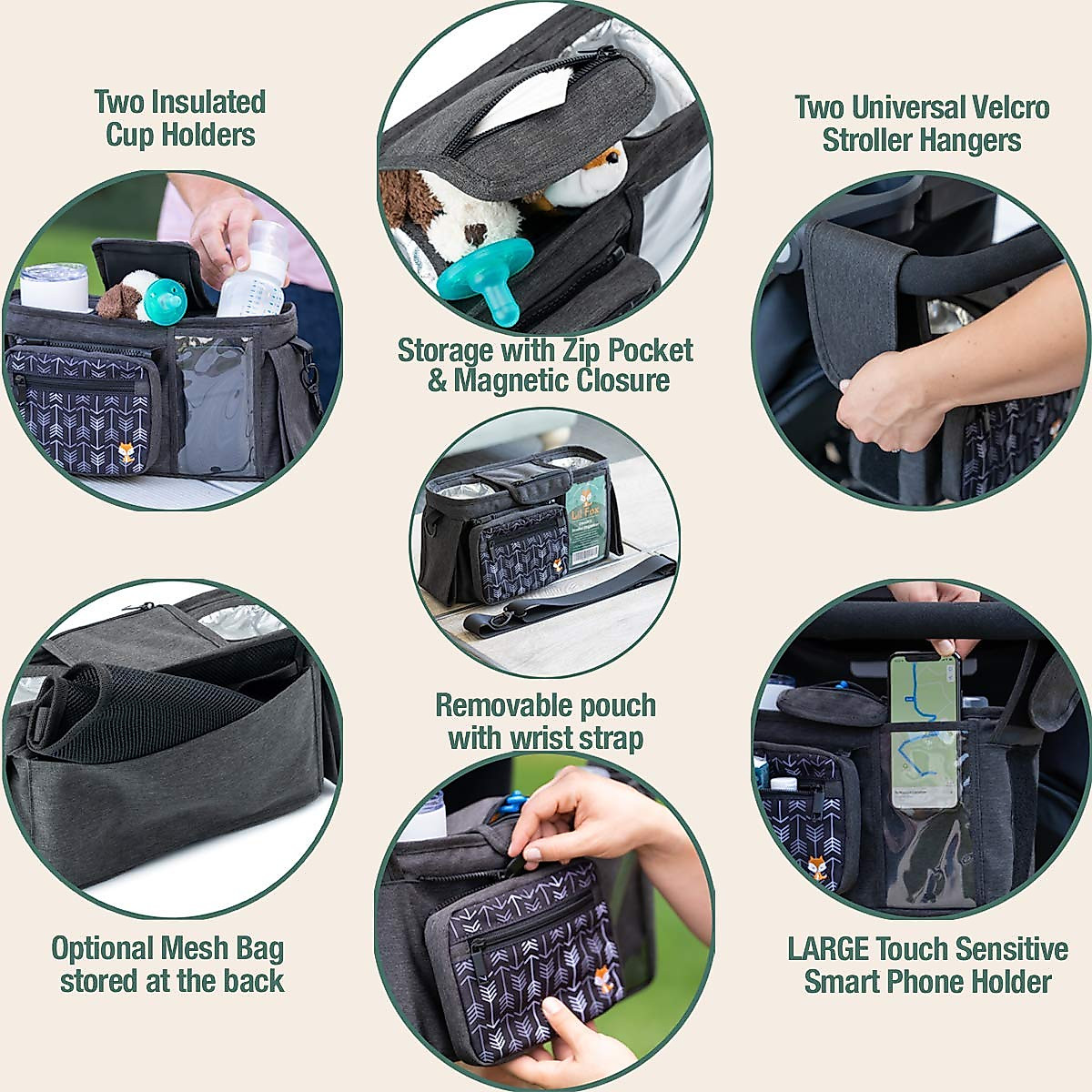 OmniKit Baby Stroller Organizer with LARGE Smart Phone Holder by Lil Fox. Stroller Bag Bottle and Stroller Cup Holder, Stroller Caddy for Baby Things. Stroller Accessories, Unisex Baby Shower Gifts