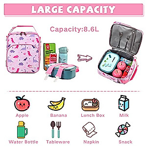 VASCHY Kids School Backpack Lunch Box Bag Pencil Case Combo, Children BookBag Schoolbag Set for Preschool/Kindergarten/Elementry School Supplies Boys Girls Pink Dinosaurs