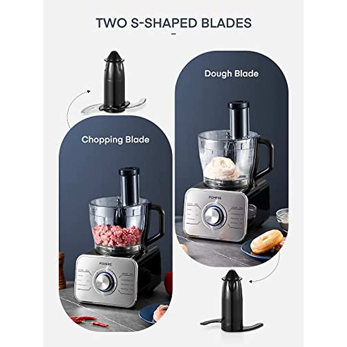 FOHERE Food Processor 12-Cup Vegetable Chopper with 3 Speeds Setting and LED light, Simple Operation for Dicing, Slicing, Shredding, Mincing, and Pureeing, 600W