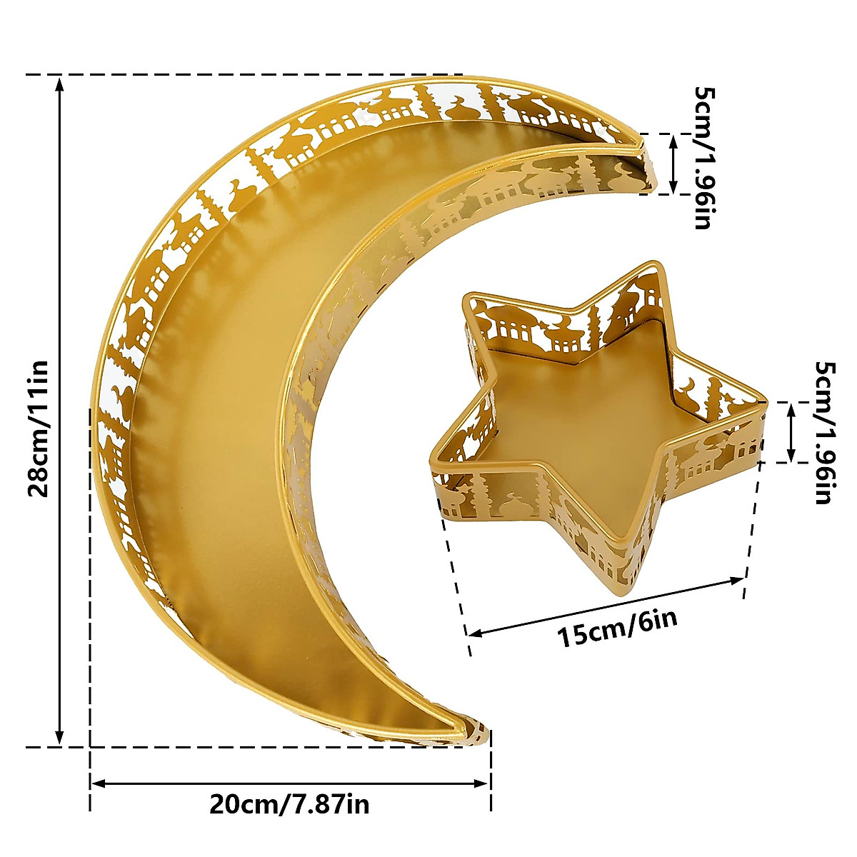 2Pcs Ramadan Serving Dishes, Moon Star Shaped Trays, Reusable Metal Trays, Rustproof Delicate Moon Star Serving Tray, Ramadan Decoration Plate Washable for Eid Ramadan Food Party Supply