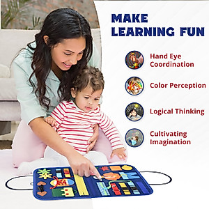 Bouncing Bobo Toddler Busy Board for 1 Year Old + Busy Book for Toddlers 1-3 with 25+ Educational Activities, Airplane Travel Essentials for Kids (Blue)