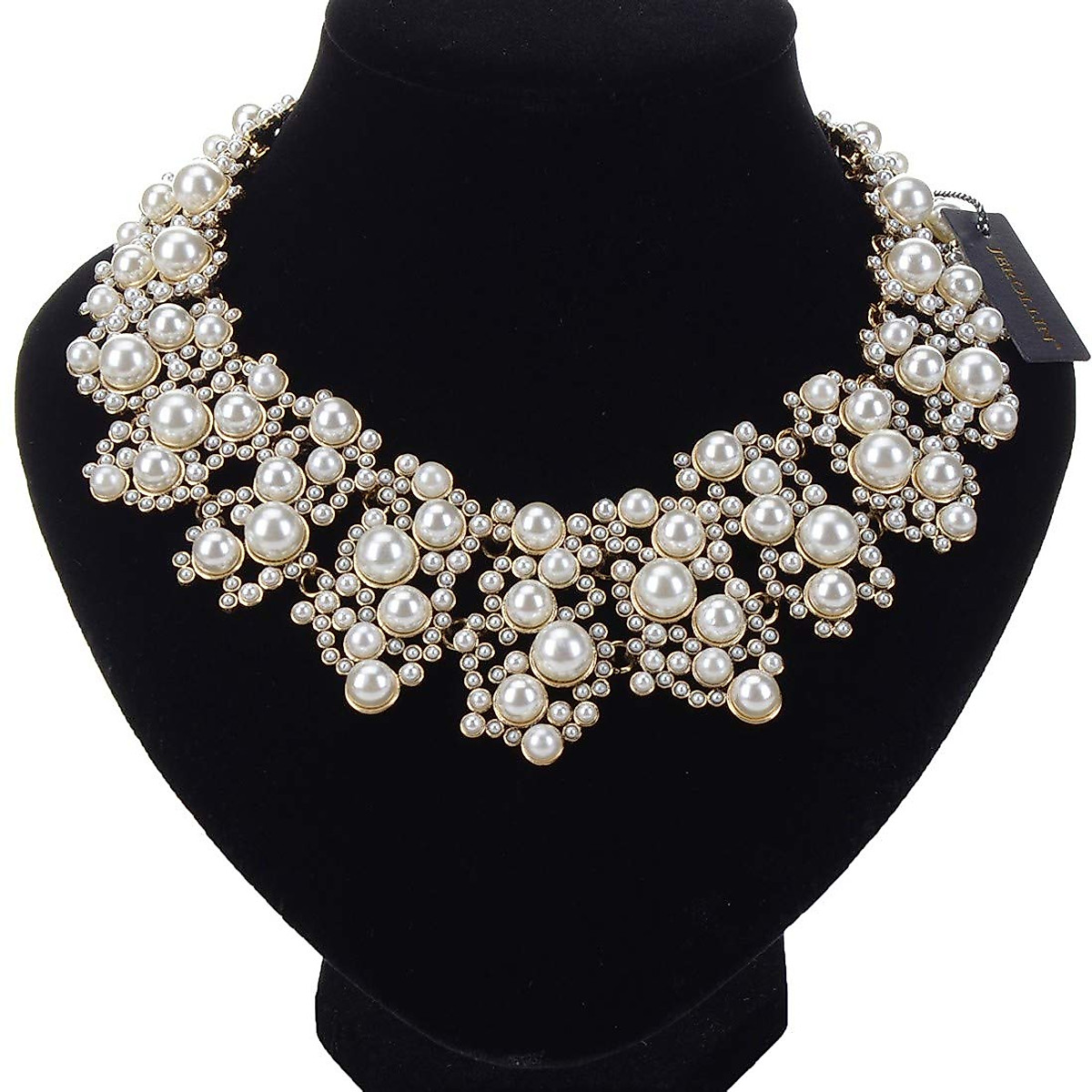 Jerollin Pearl Choker Tassel Collar Statement Necklace for Evening Party White