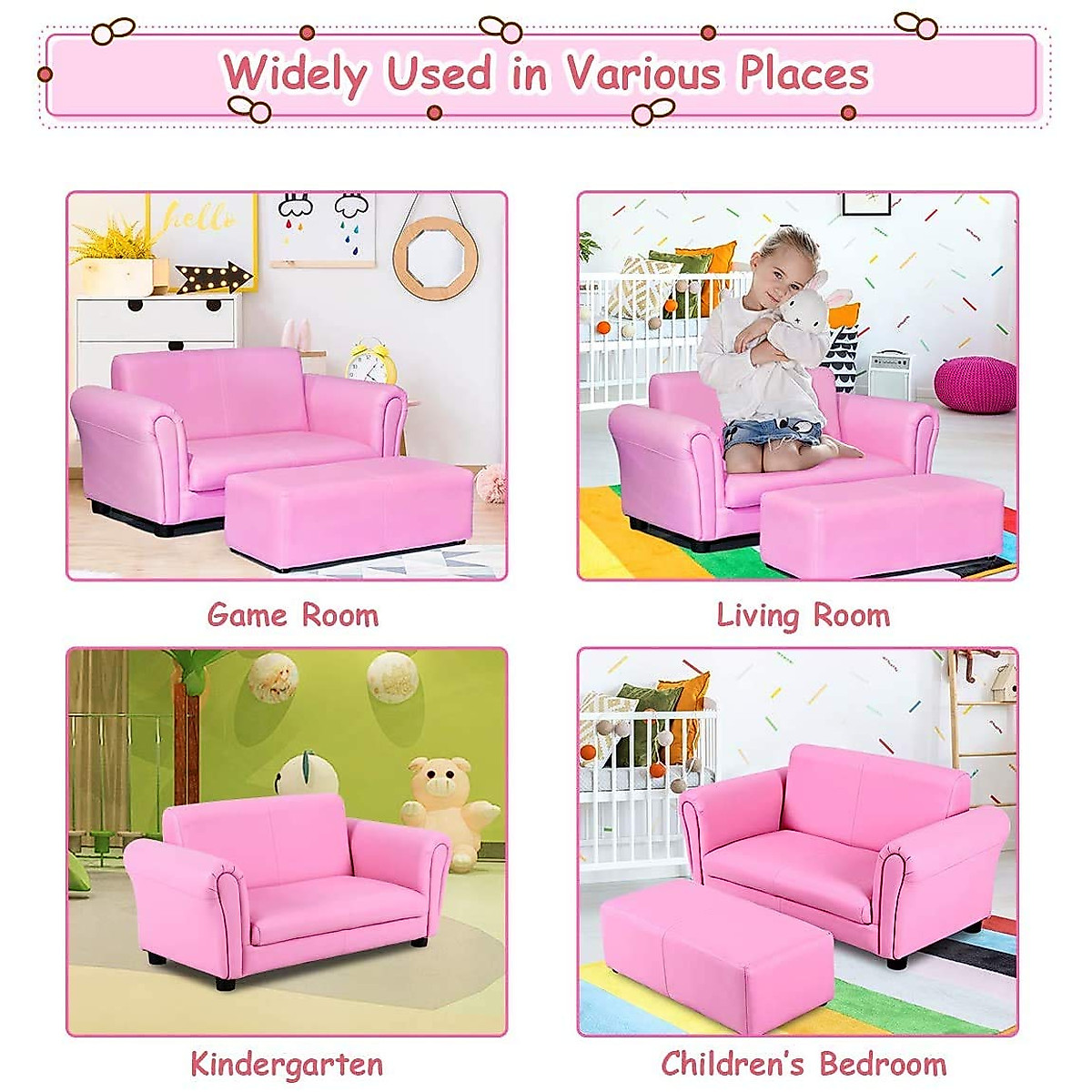 GLACER Kids Sofa with Footstool, Upholstered Toddler Couch Chair for Boys and Girls, 2 Seat Baby Sofa Chair Children Armchair with Sturdy Wood Construction, ASTM and CPSIA Certified (Pink)