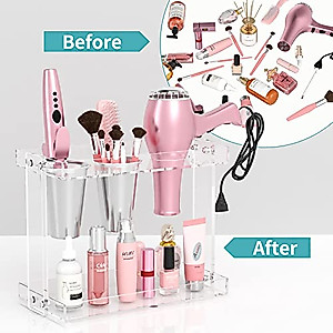 HIIMIEI Hair Tool Organizer, Clear Acrylic Blow Dryer and Curling Iron Holder, 2 Tier Bathroom Counter Storage, Vanity hairdryer Stand for Lotion Makeup Cosmetics Perfume Makeup Toiletries