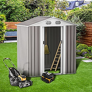 FOOWIN Metal Storage Shed, Storage with Sliding Doors and Vents,Metal Garden Shed Steel Anti-Corrosion Storage House Metal Sheds for Backyard Garden Patio Lawn (Grey & White 6 'x 4'), (lympj-22)