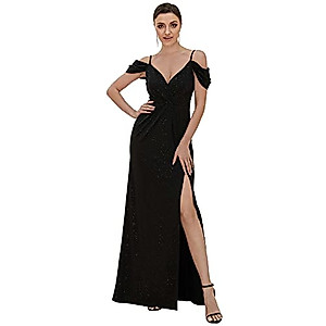 Ever-Pretty Women's V-Neck Ruched Sparkle Short Sleeves Summer Evening Dress for Women Black US6