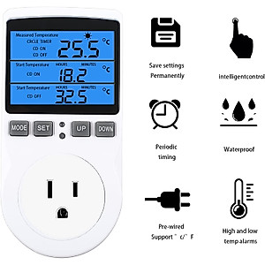 XIEHUZA Backlit Digital Temperature Controller, LCD Screen Heating Cooling Thermostat Outlet Socket with Sensor Timer Regulator for Reptile Incubator Greenhouse Brewing Refrigerator, 110V, 15A, ℉/℃
