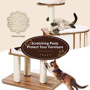 PETSITE 46 Inches Wood Cat Tree for Indoor Cats, Modern Cat Tower with Scratching Posts, Cat Condo and Detachable & Washable Cushions, Multi-Level Cat Tree for Large Cats (Natural)