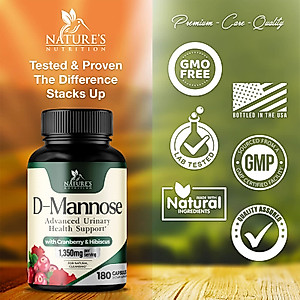 D-Mannose & Cranberry Extract 1350mg Advanced Formula, Fast-Acting Natural Urinary Tract Health Support for Women & Men, Flush Impurities in Urinary Tract & Bladder, Non-GMO, Vegan - 180 Capsules