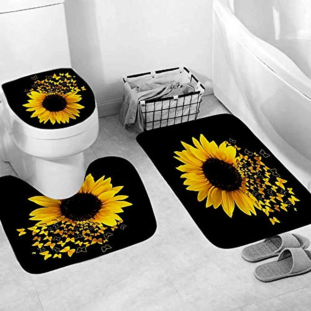Yuaobeimei Golden Sunflower and Butterfly Floral Patterned Shower Curtain Set 4 Pieces 3D Printing Floral Bathroom Decor with Bath Rugs Mat,and 12 Hooks, 71x71inch
