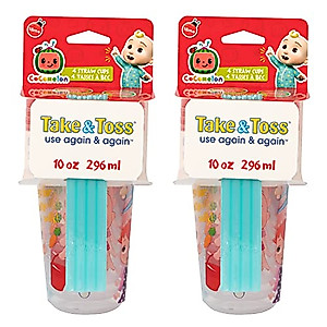 Take & Toss CoComelon Toddler Straw Sippy Cups — Toddler Cups with Lid and Removable Straw — Baby Essentials — 10 Oz — 8 Count