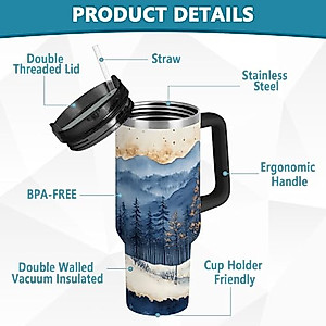 Selerdon 40 oz Tumbler Winter Forest with Handle and Straw Lid Vacuum Stainless Steel Insulated Water Bottle Travel Mug Car Cup Holder Friendly BPA Free for Gym Travel Office