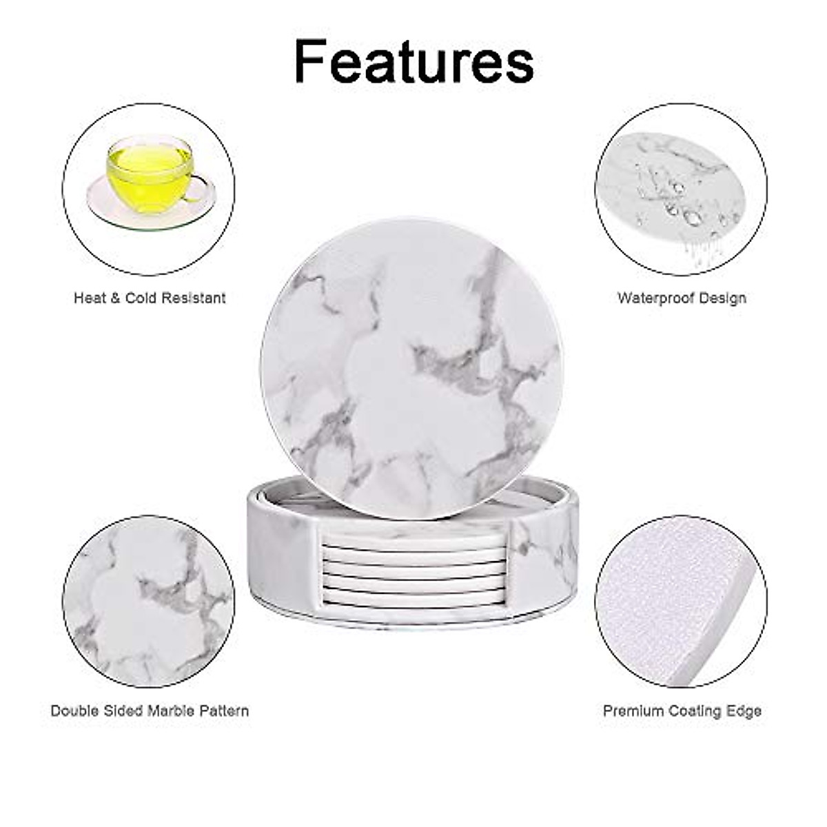 WAYIFON Coasters for Drinks, 6 PCS Premium PU Leather Coaster, Heat Resistant Drink Coaster with Holder - Protect Table from Stains Water Rings and Damage - Housewarming Gift - Marble White Pattern
