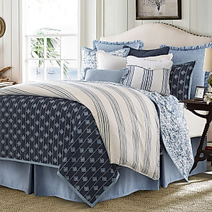 HiEnd Accents Skyler 3 Piece Quilt Set with Pillow Shams, Super Queen Size, Cotton Reversible Luxury Bedding, Blue Medallion Striped Coastal Style Bed Set, 1 Quilt and 2 Pillowcases