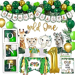 Wild One Birthday Decorations Supplies, Jungle Theme First Birthday Decoration, Wild One Backdrop High Chair Banner, First Birthday Balloon Box for 1st Birthday Boy Girls Decorations, Jungle Safari 1st Birthday Party Supplies