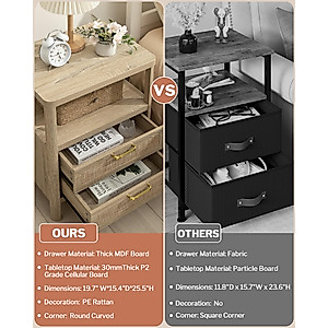 SHEEPPING Rattan Nightstands Set of 2 - Bedside Tables with 2 PE Rattan Drawers, Boho Night Stand with Open Wood Shelf, Farmhouse Bed Side Table/End Table for Bedroom Living Room, Natural, 25.5" H