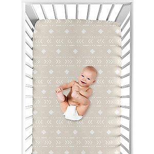 Sweet Jojo Designs Boho Aztec Geometric Boy or Girl Fitted Crib Sheet Baby or Toddler Bed Nursery - Gender Neutral Beige Taupe Tan and White Bohemian Southwest Tribal for Llama Collection