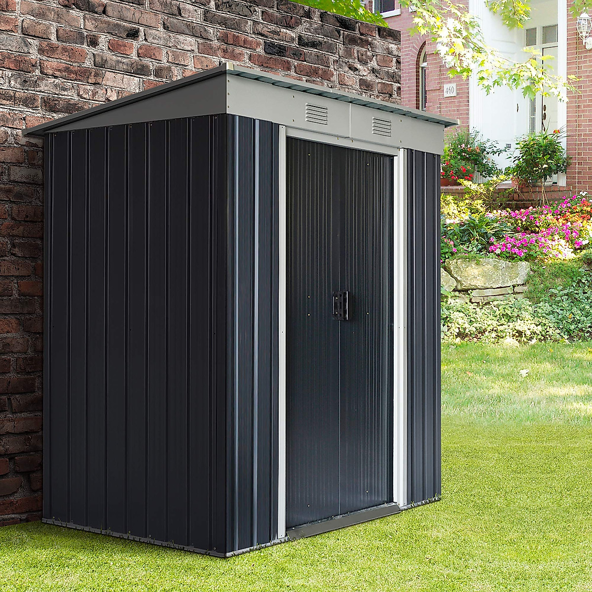 Outsunny 6' x 4' Backyard Garden Tool Storage Shed with Lockable Door, 2 Air Vents & Steel Construction, Black