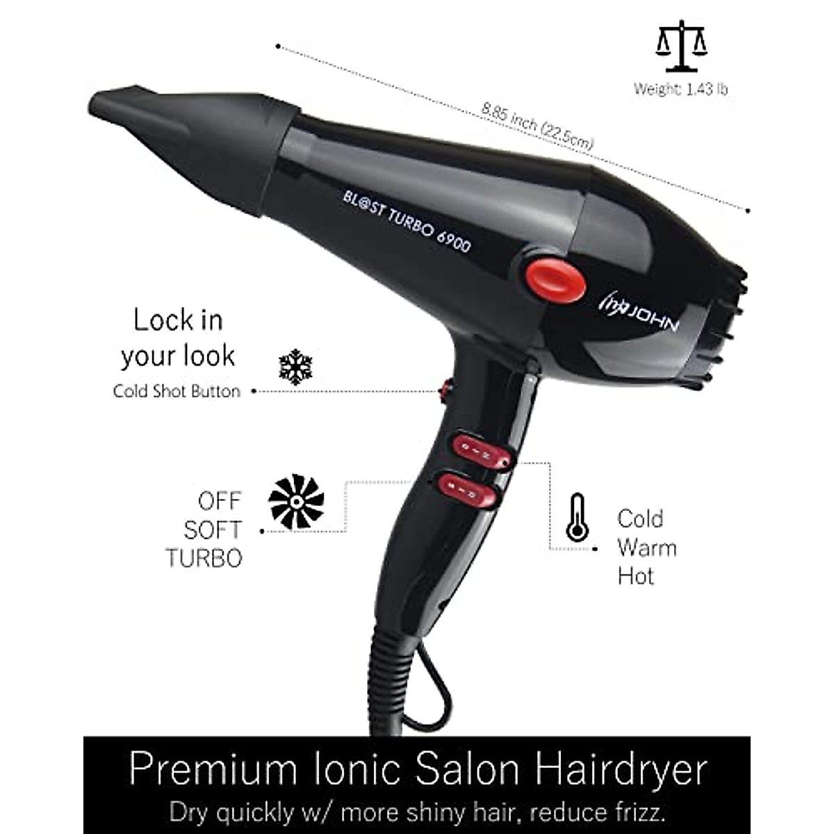 Powerful 2200w Ionic Hair Dryer, Fast Drying Professional Salon Blow Dryer, JOHN Blast Turbo 6900