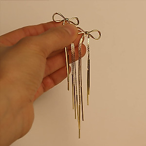 Agriajun Long Gold Bow Tassel Drop Dangle Earrings for Women- Dainty Metal Chain Dangling Shiny Bar Earring Statement Fringe Waterfall Wedding Bridesmaid Prom Jewelry Mother Gifts