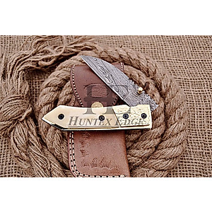 HUNTEX Custom Handmade Hand-Forged Twist Pattern Damascus Steel 4 Inch Long Natural Camel Bone Handle Razor Sharp Camp Hunting Folding Pocket Sheepsfoot Knife with Pocket Clip & Genuine Leather Pouch