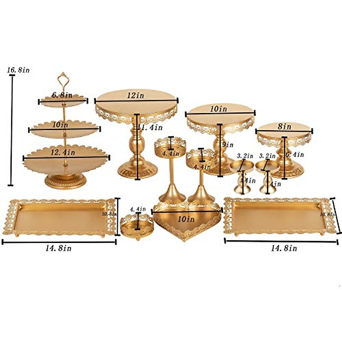 Set of 12 Pieces Gold Metal Cake Stand Set and Pastry Trays Metal Cupcake Stands Set Holder Fruits Dessert Display Plate for Baby Shower Wedding Birthday Party Celebration