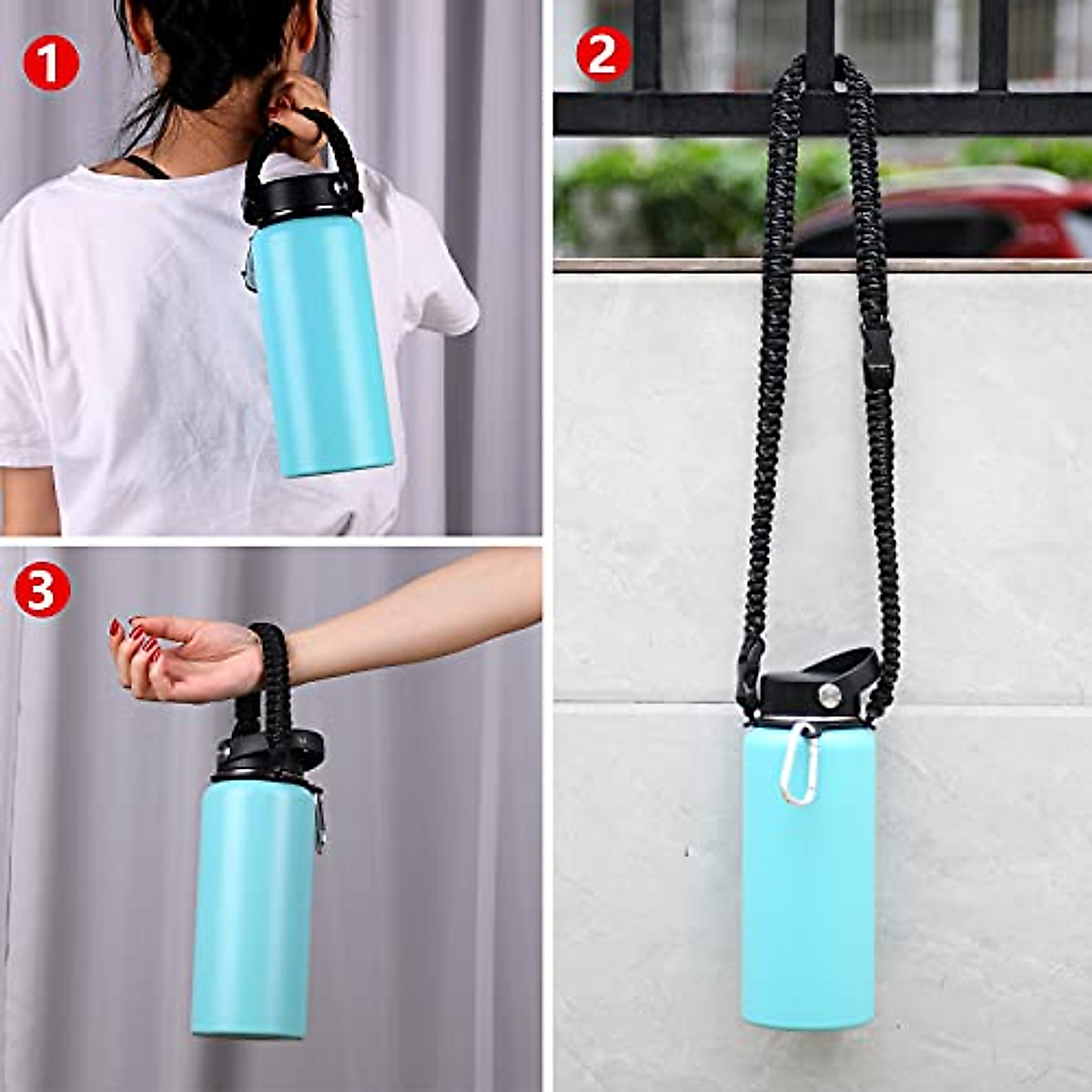 Wongeto Paracord Handle with Shoulder Strap Compatible with Hydro Flask Wide Mouth Water Bottles 12oz - 64 oz，Water Bottle Strap for Walking Biking Hiking Camping(Black 1)